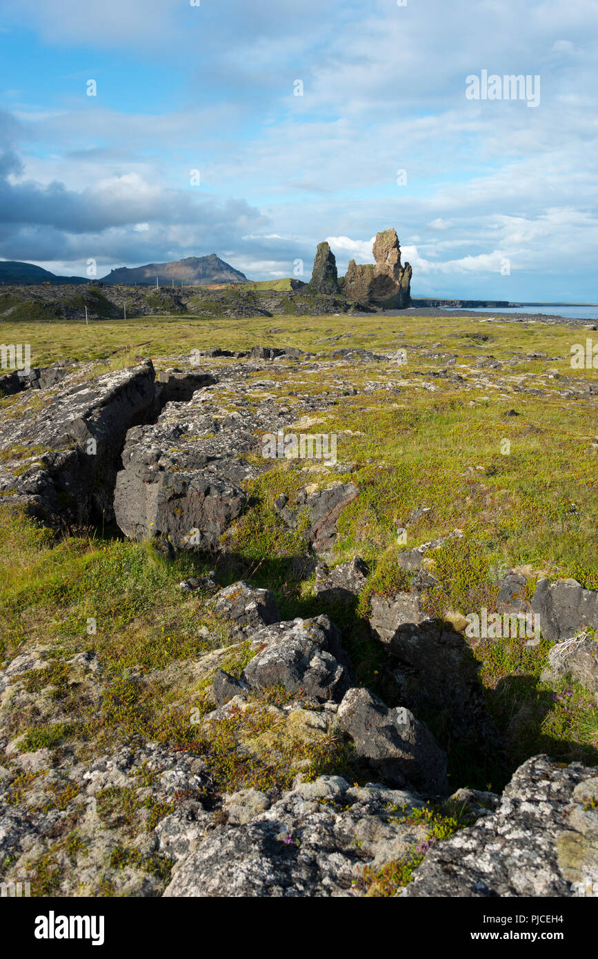 Londrangar, basalt rock with Malarrif, peninsula Snaefellsnes, Iceland ...