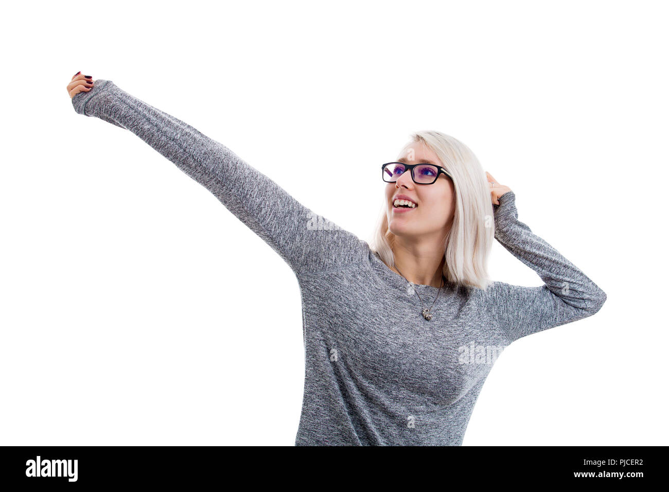 Young woman original celebration with hands gestures isolated on white ...