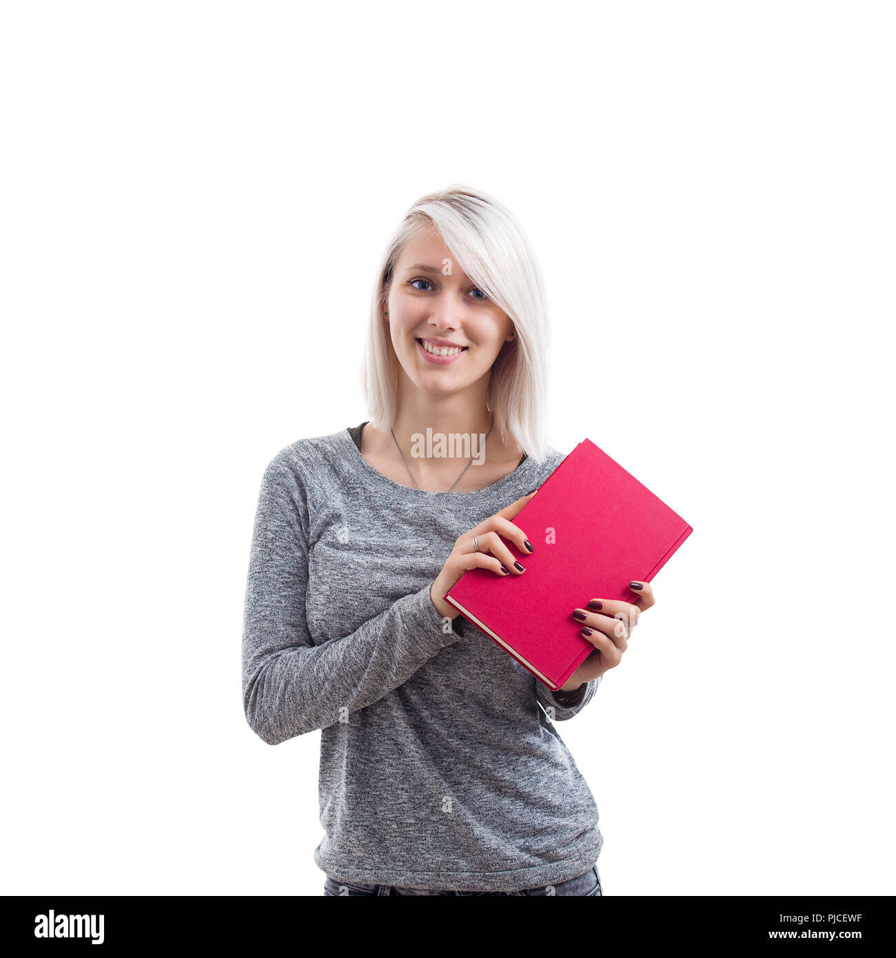 Cheerful woman holding a red book show the cover to camera. Book ...