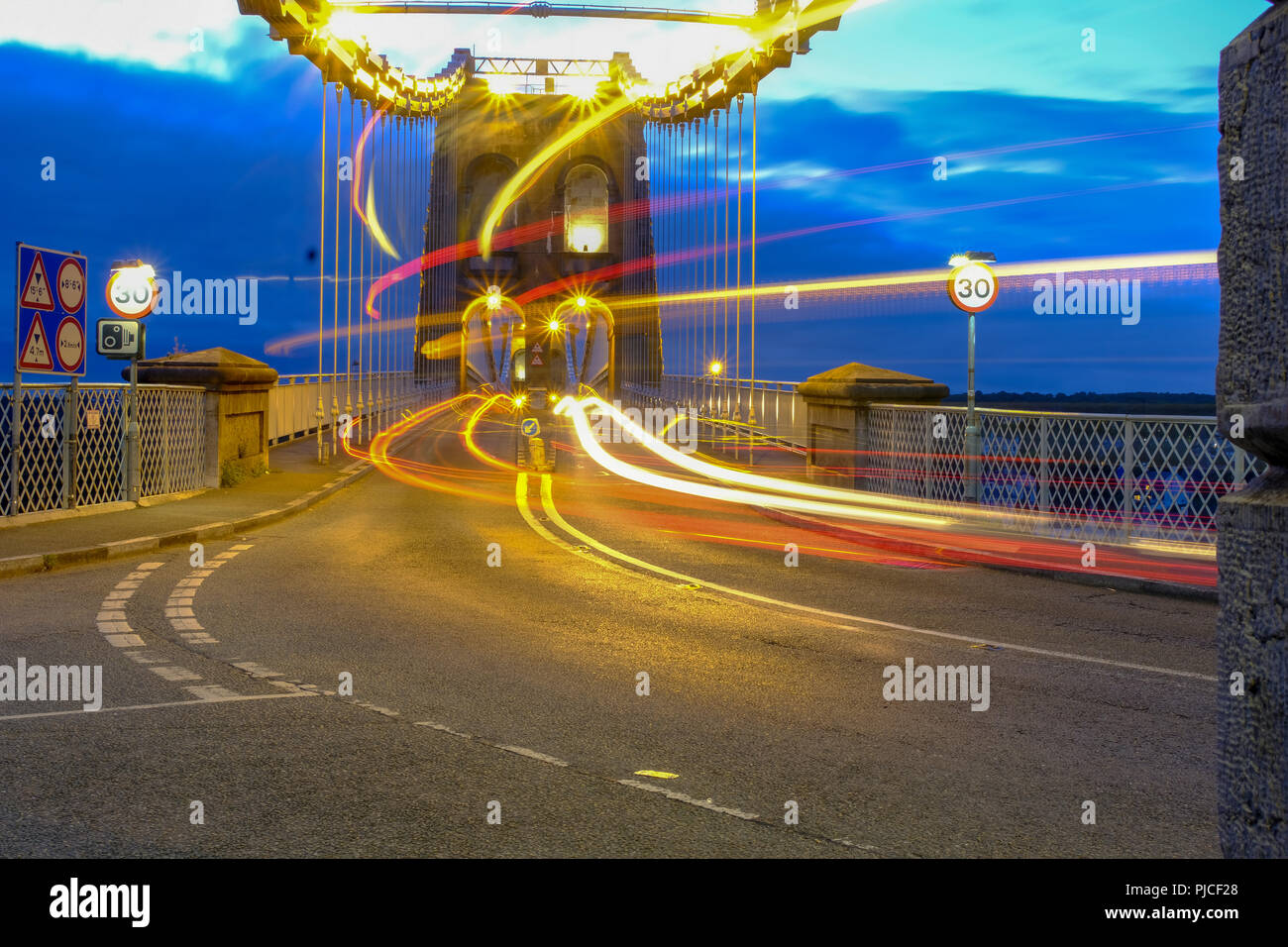 Menai Bridge, Anglesey, at Night with Vehicle Light Trails Stock Photo ...