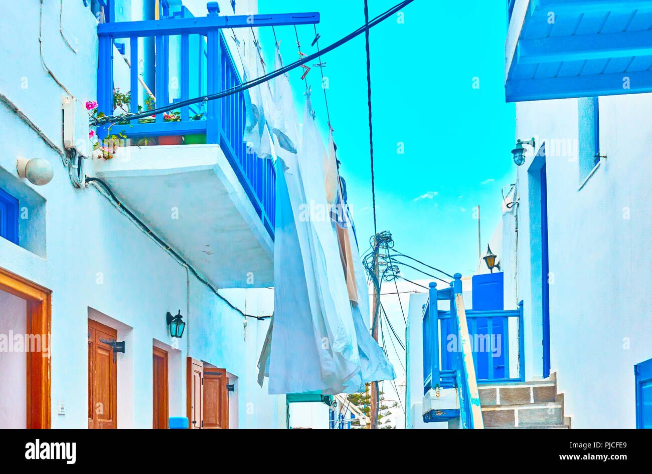 Drying clothes on balcony in Mykonos, Greece Stock Photo - Alamy
