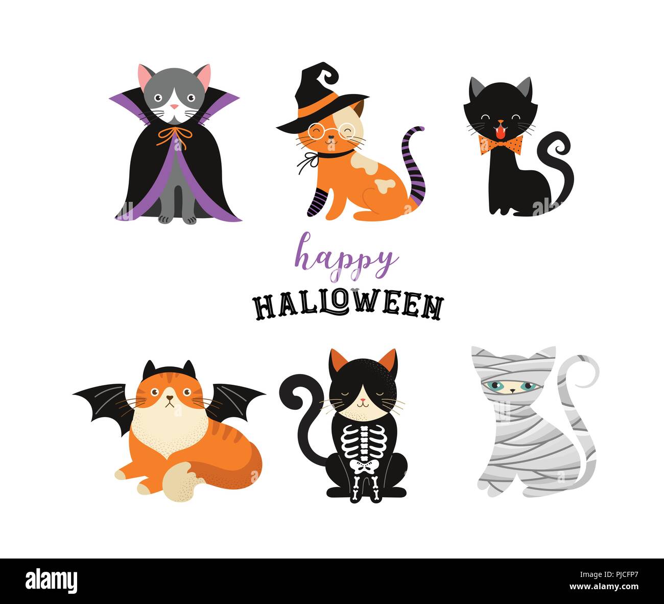 Happy Halloween - cats in monsters costumes, Halloween party. Vector ...