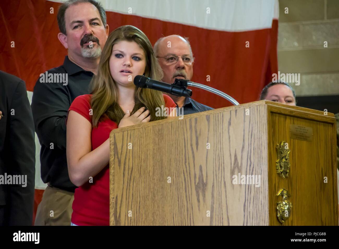 Trinity Wood leads the Pledge of Allegiance during the groundbreaking ...