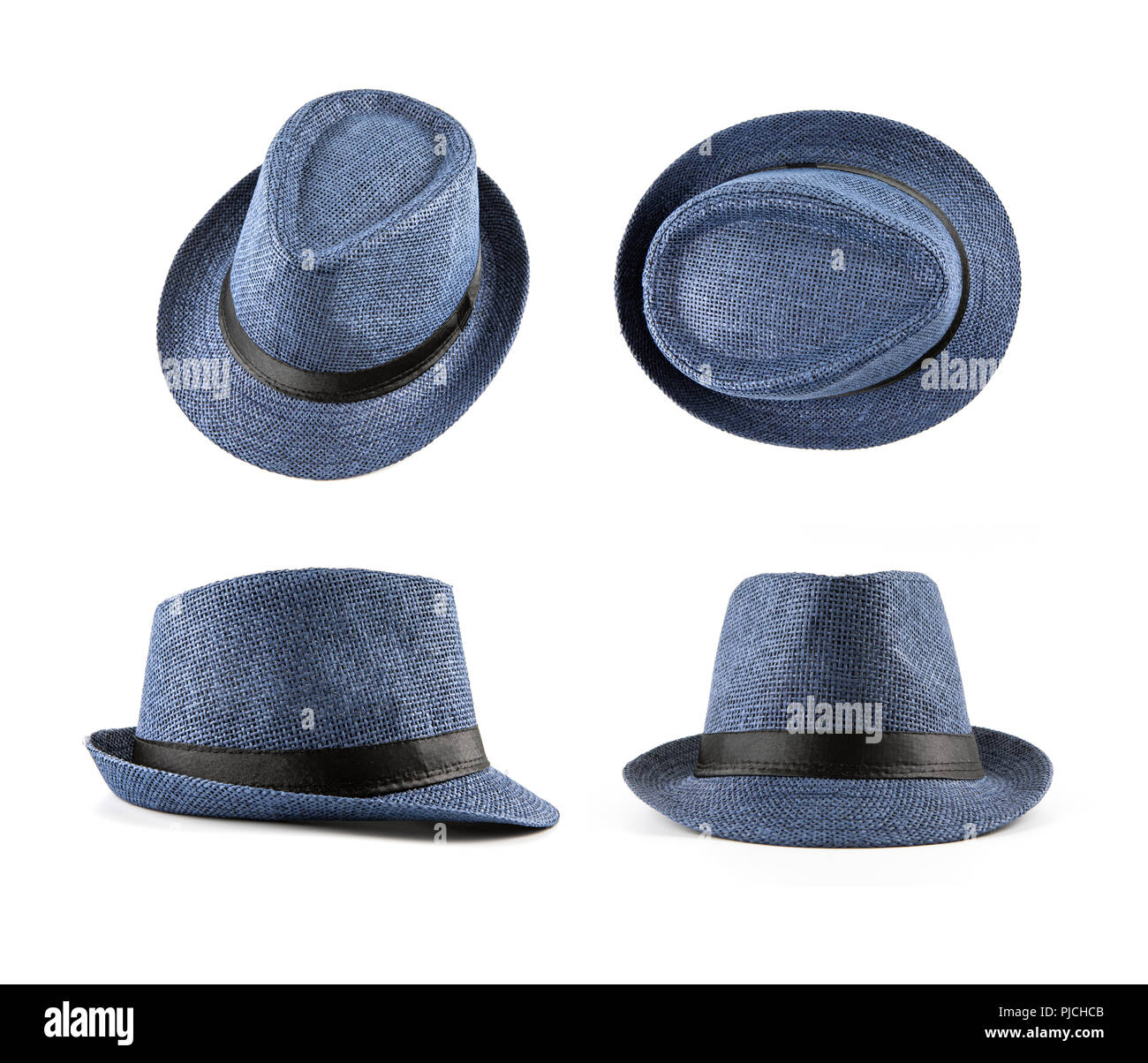 Set of blue hats isolated on white. Front, top, side view Stock Photo ...