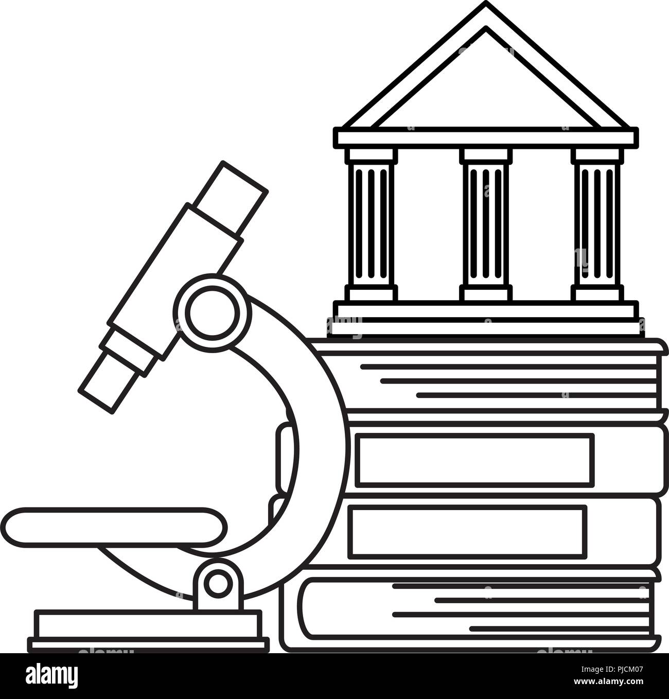 pile text books with microscope and library building vector ...