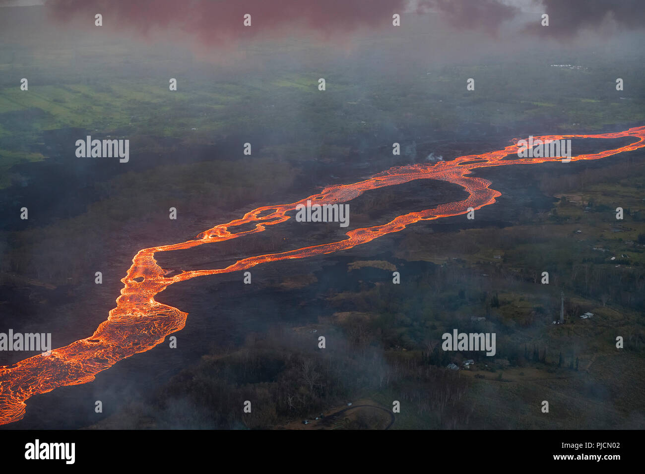 aerial view of lava river, emanating from fissure 8 in the east rift ...