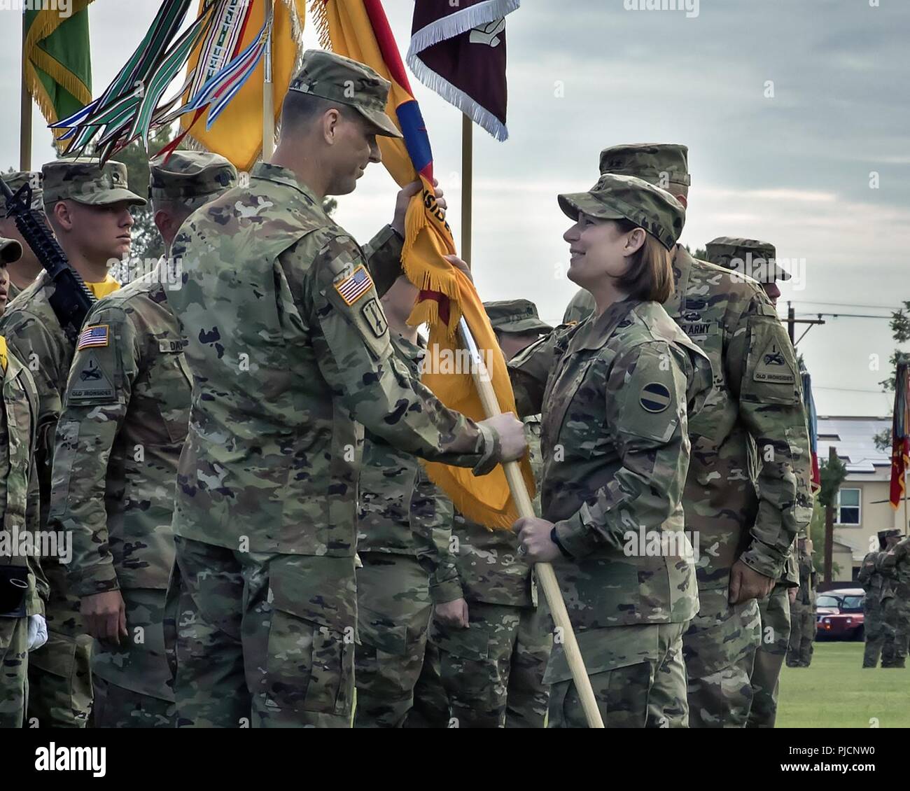 Maj. Gen. Patrick Matlock, left, receives the 1st AD flag from Lt. Gen ...