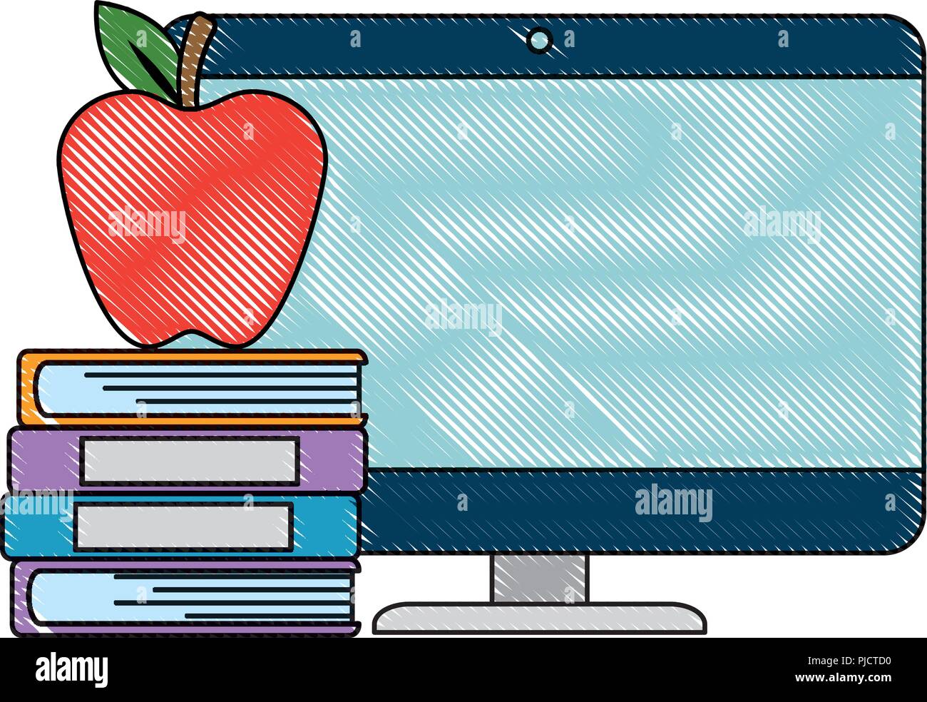 pile text books with apple and computer vector illustration design ...