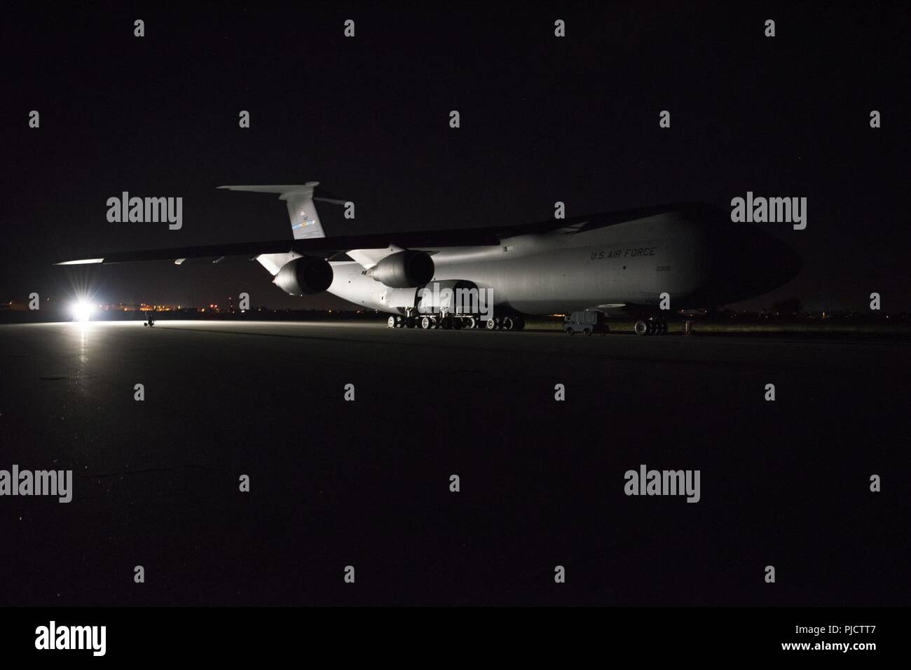 A C-5 Galaxy aircraft sits on the flightline at Patrick Air Force Base ...