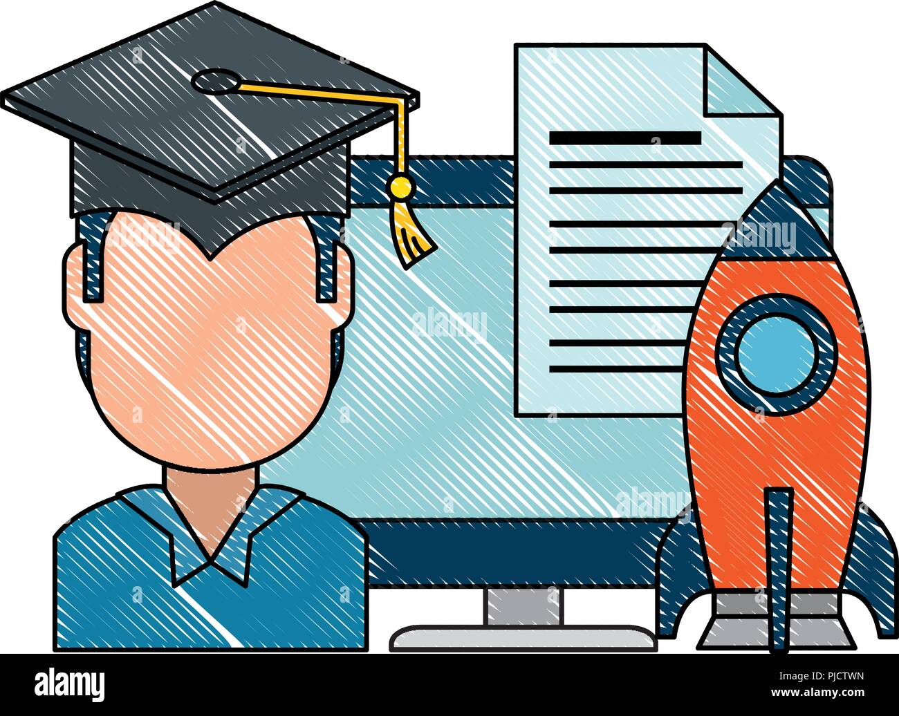 student graduated with computer and rocket vector illustration design ...