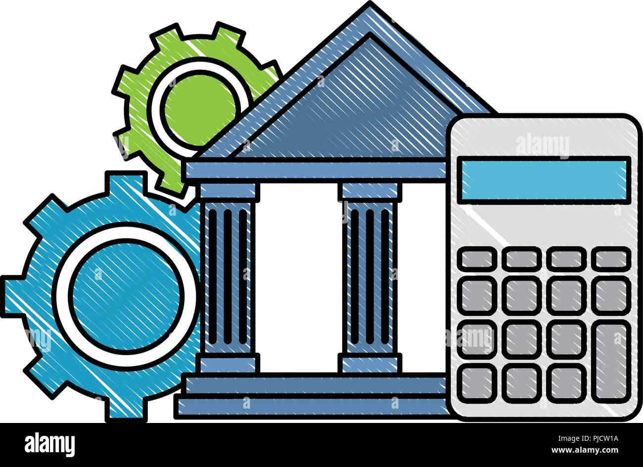 bank building with calculator and gears vector illustration design ...