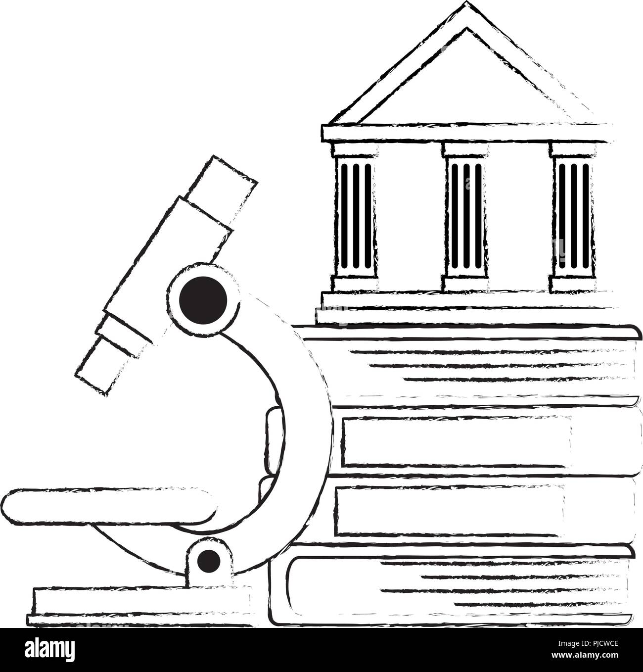 pile text books with microscope and library building vector ...