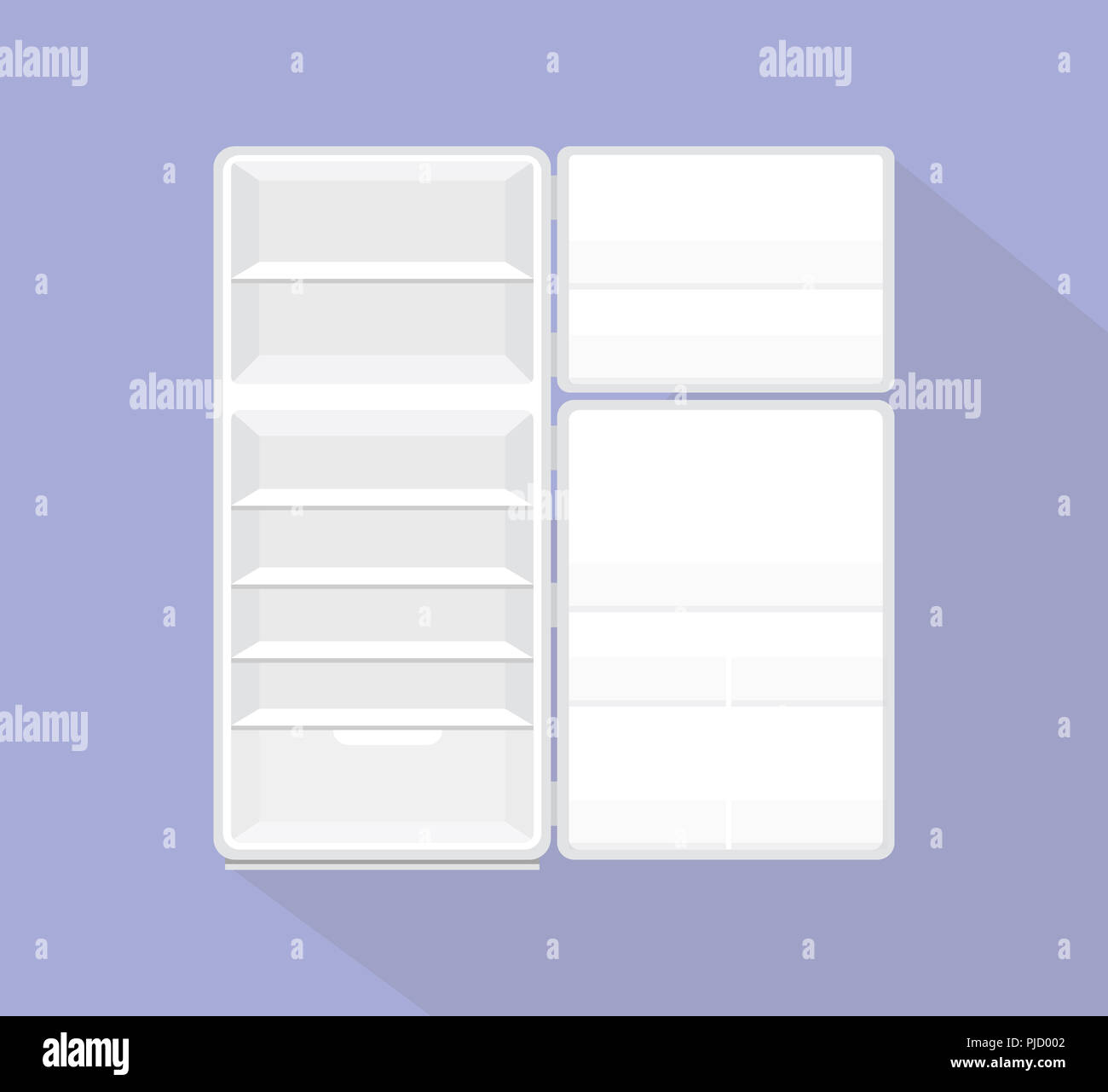 open empty refrigerator isolated with violet background and long shadow ...
