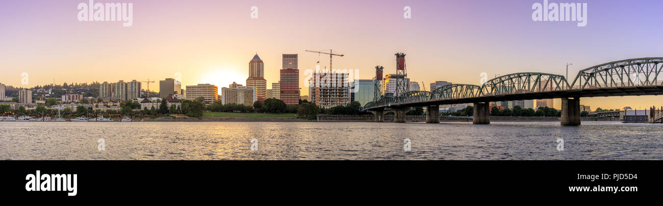 Sunset Over Portland Oregon City Skyline Along Willamette River ...