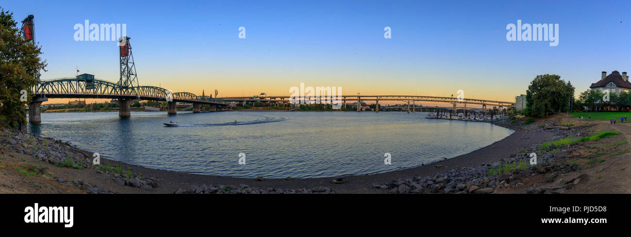 Sunset Over Portland Oregon City Skyline Along Willamette River ...