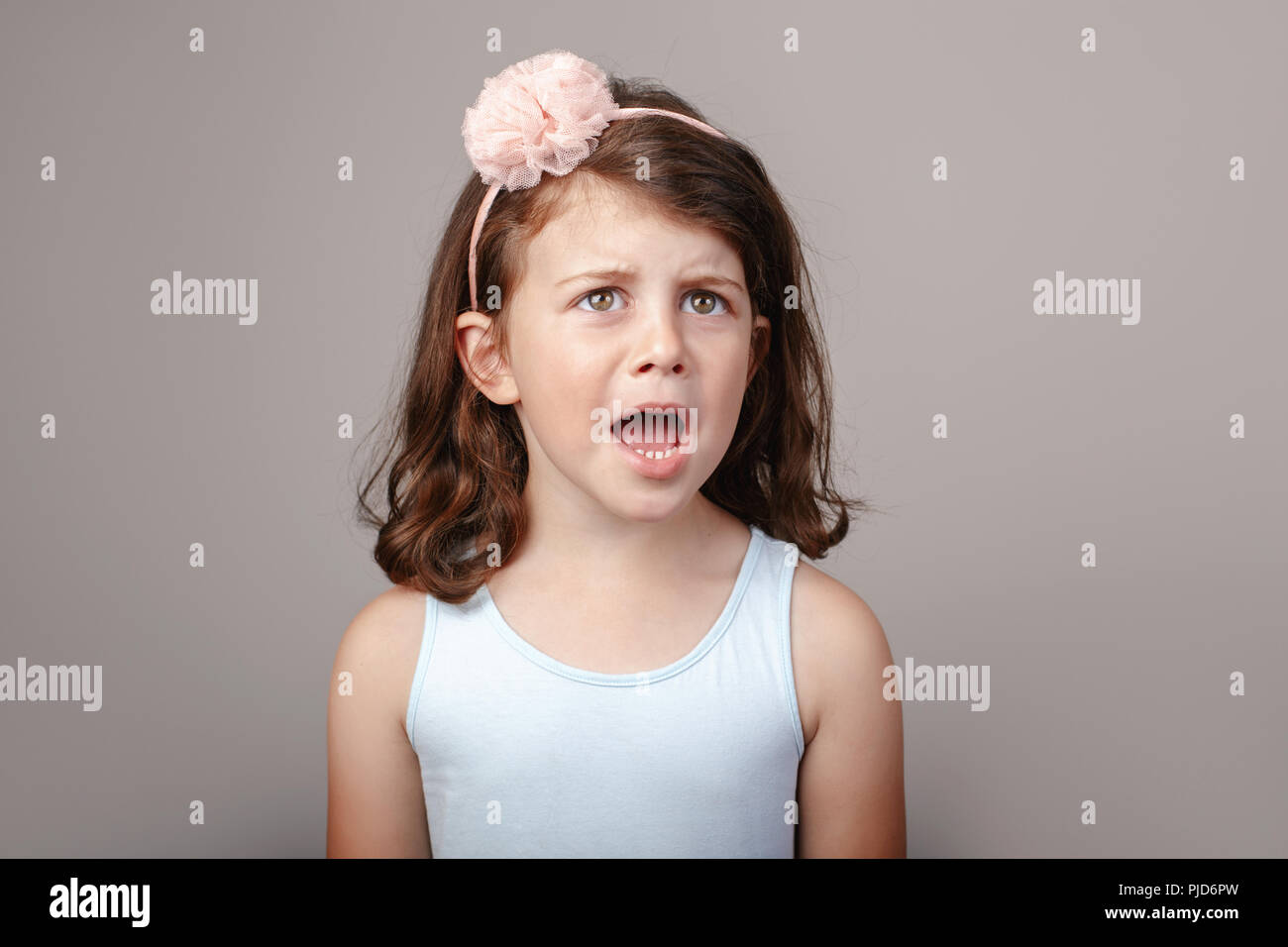 Closeup portrait of dissatisfied white brunette Caucasian preschool ...