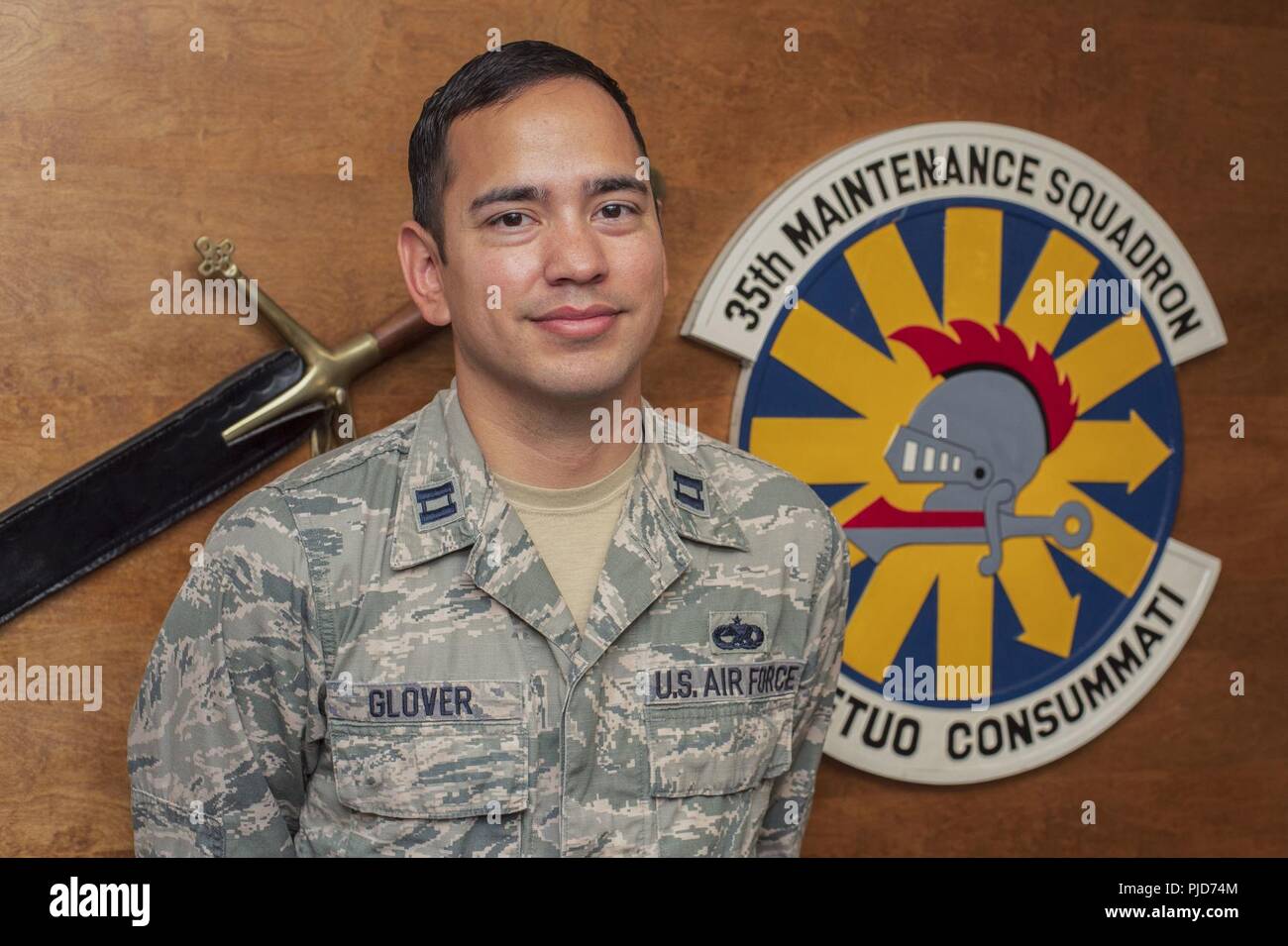 U.S. Air Force Capt. Charles Glover, the 35th Maintenance Squadron Operations officer, pauses ...