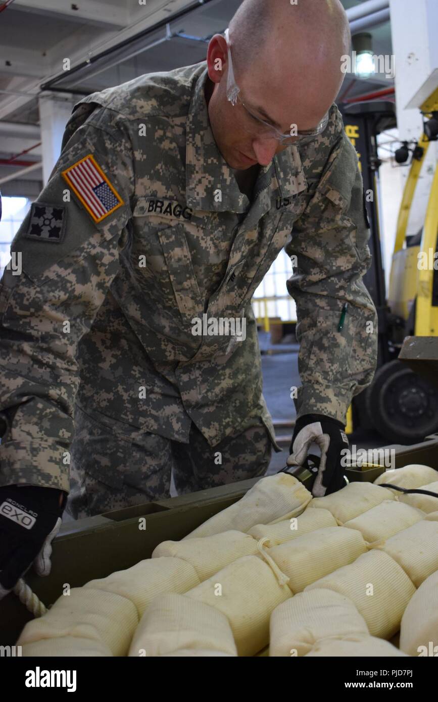 Soldiers from the 411th Ordnance Battalion inspect MICLIC line charges ...
