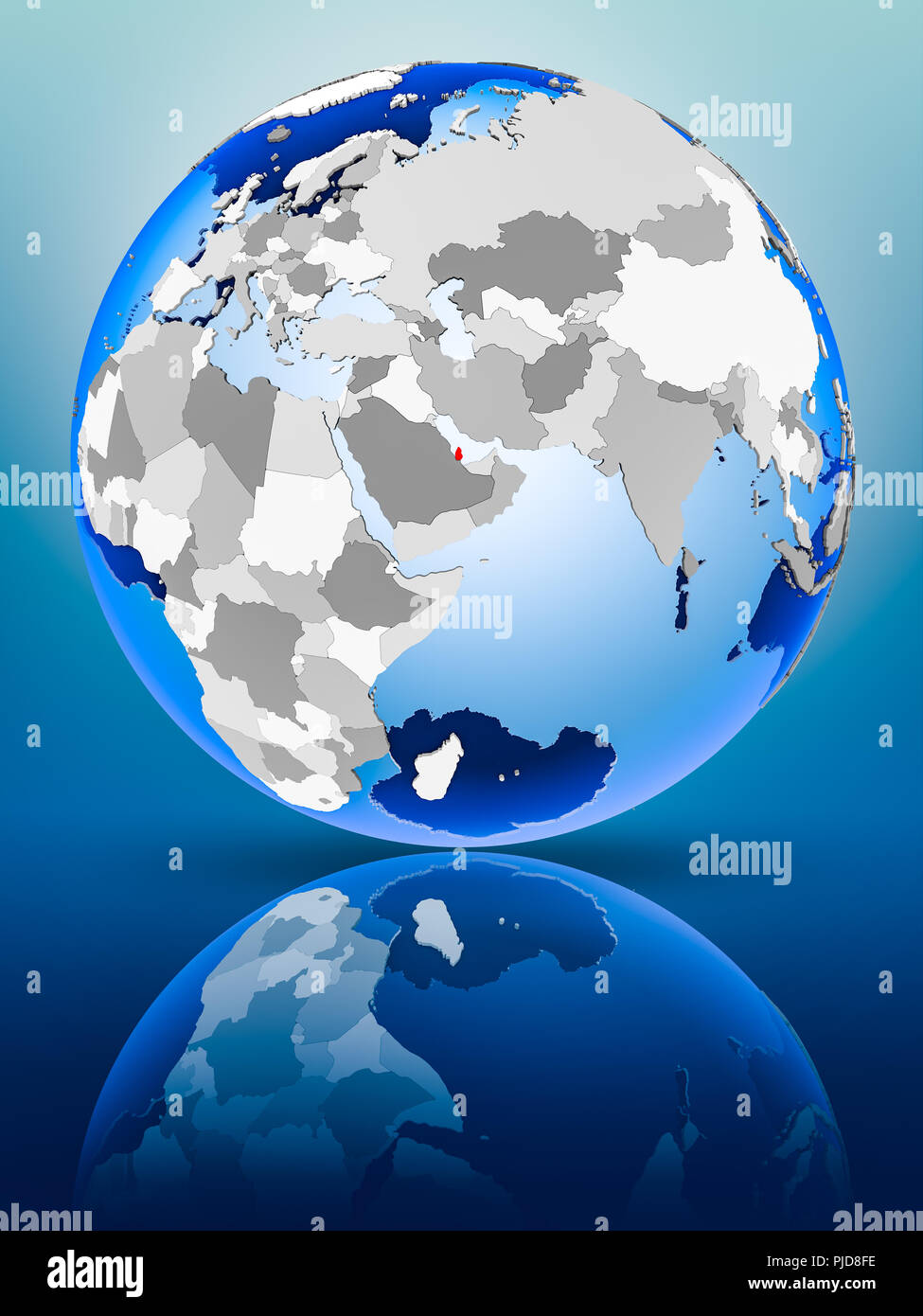 Qatar on political globe standing on reflective surface. 3D ...