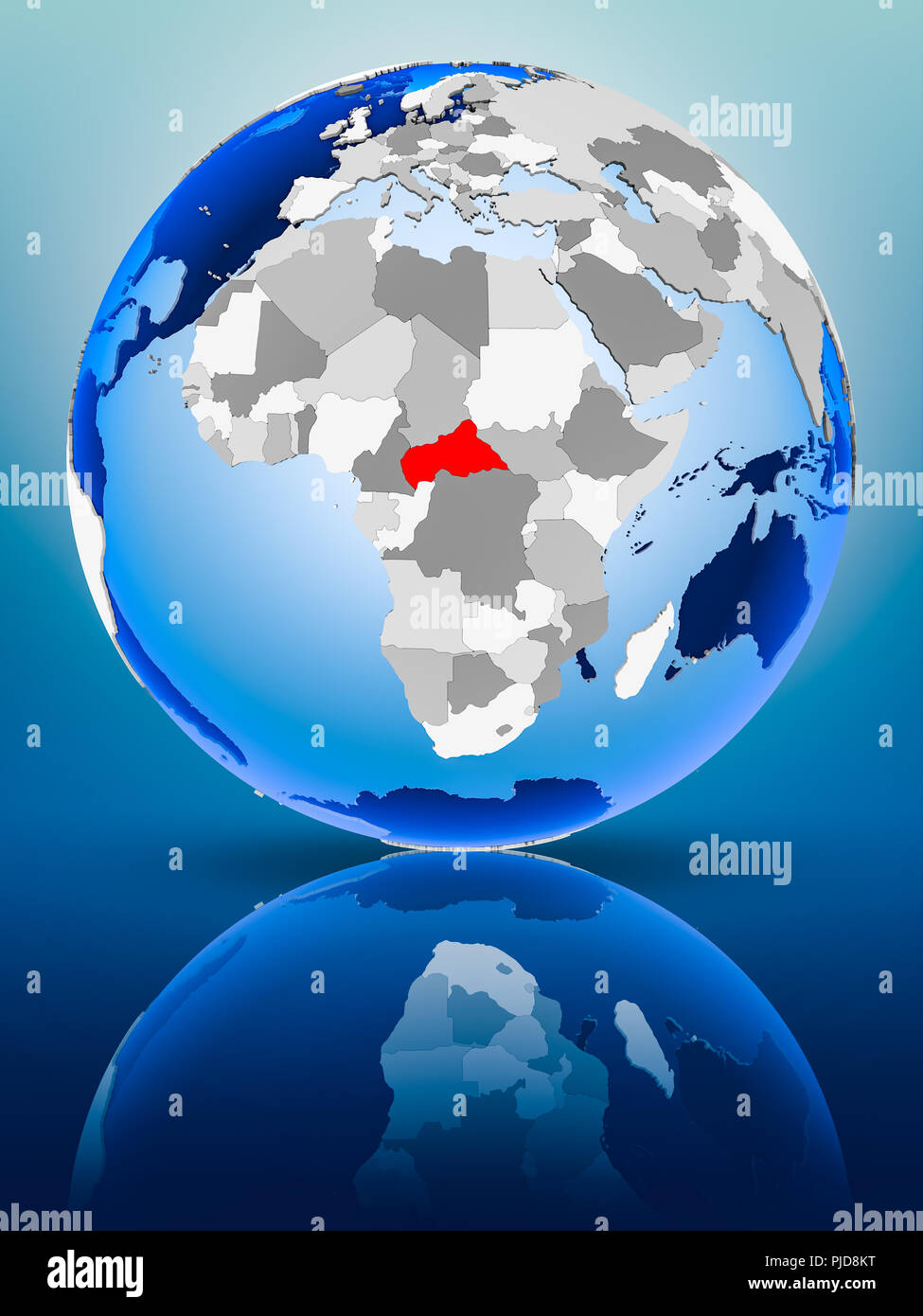 Central Africa on political globe standing on reflective surface. 3D ...