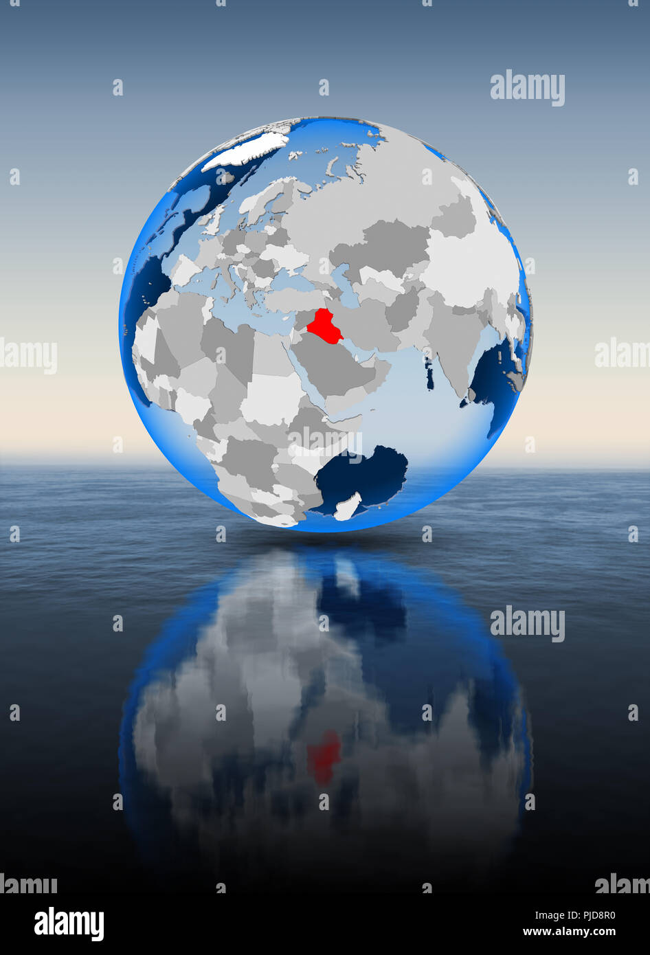 Iraq In red on globe floating in water. 3D illustration Stock Photo - Alamy