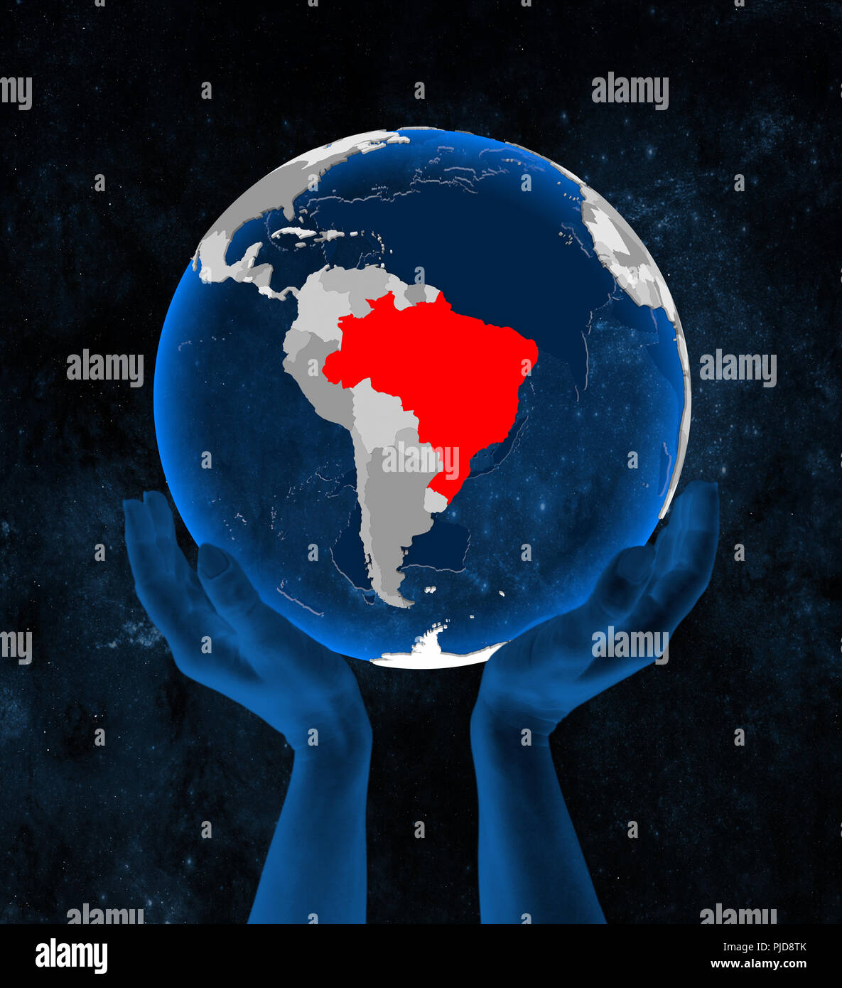 Brazil on translucent blue globe held in hands in space. 3D ...