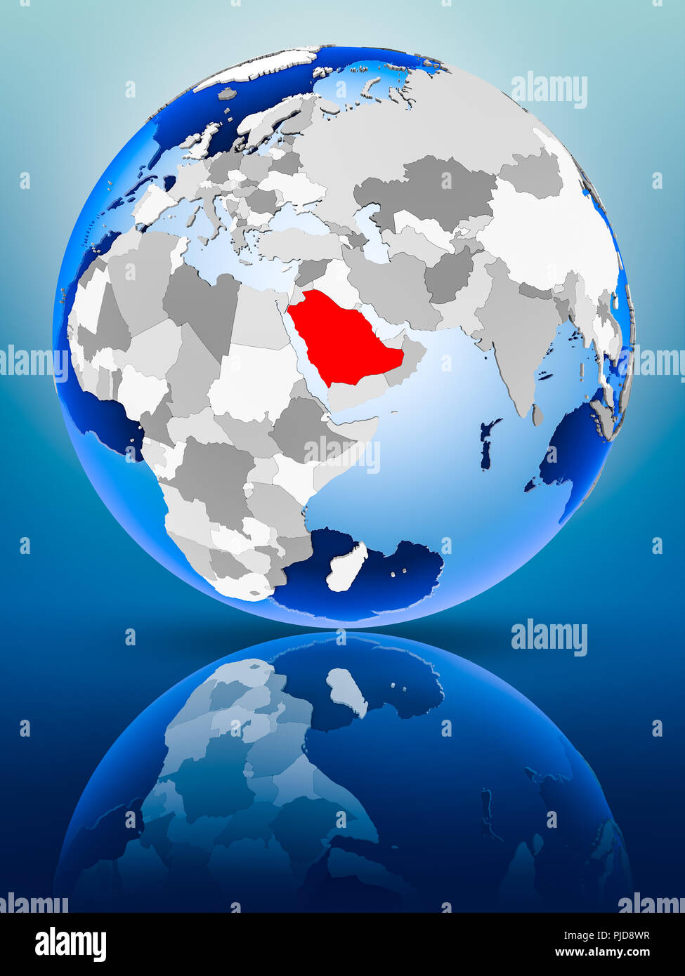 Saudi Arabia on political globe standing on reflective surface. 3D ...