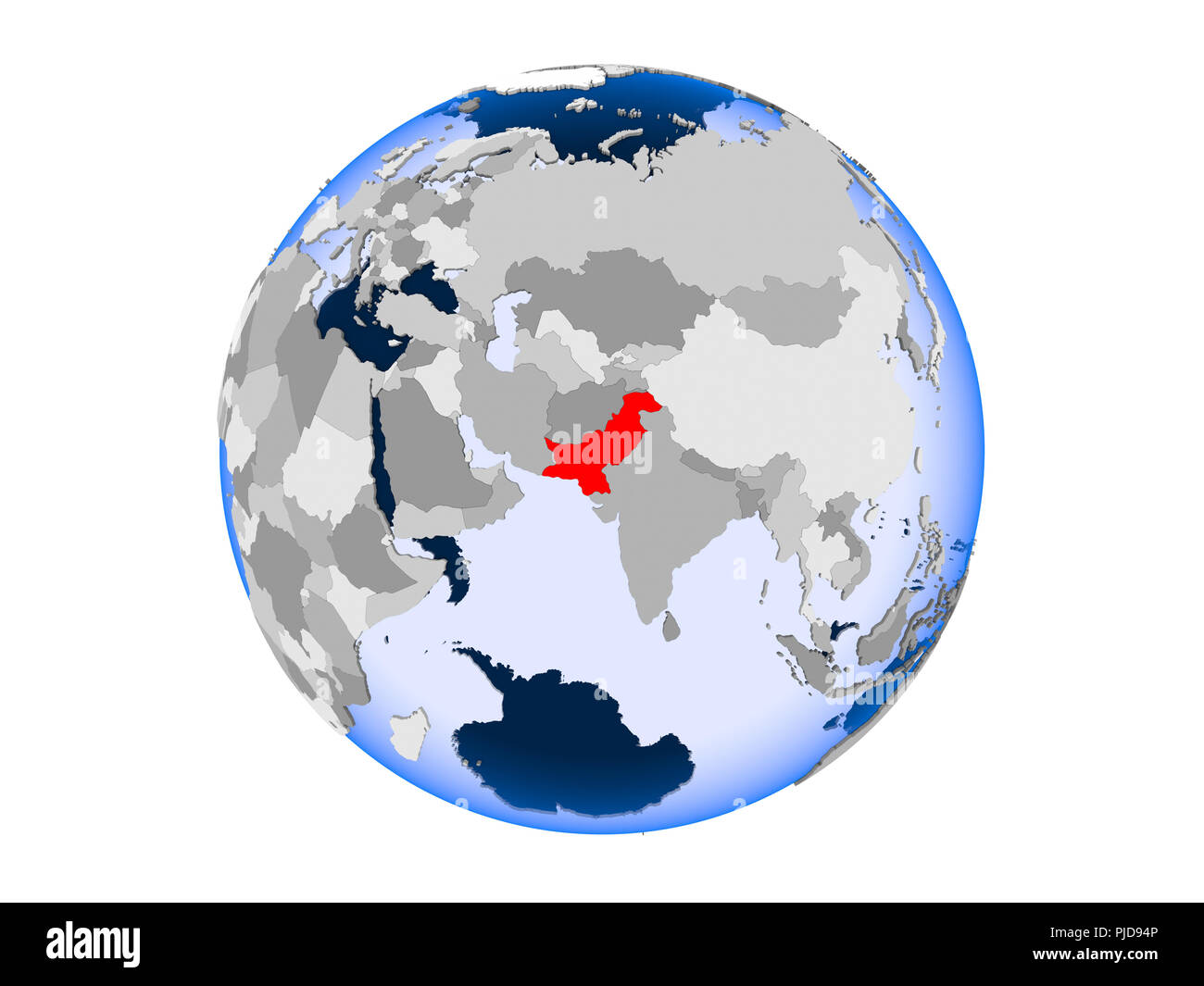 Pakistan highlighted in red on political globe with transparent oceans ...