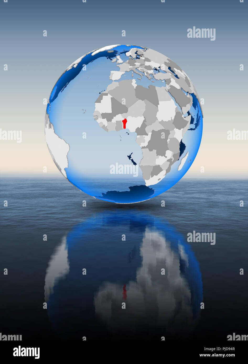 Benin In red on globe floating in water. 3D illustration Stock Photo ...