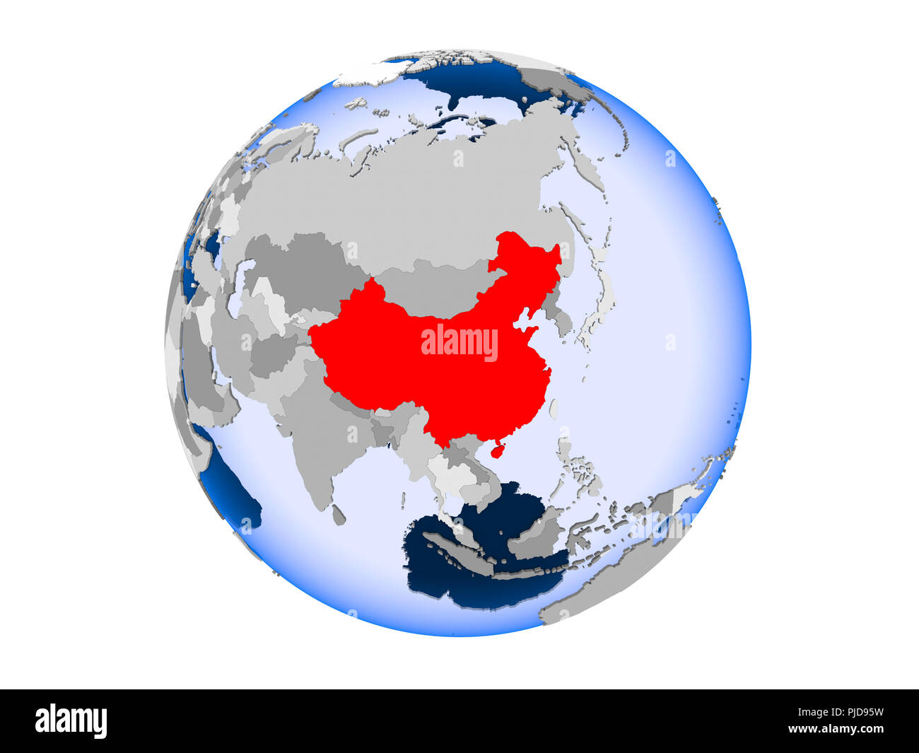 China highlighted in red on political globe with transparent oceans. 3D ...