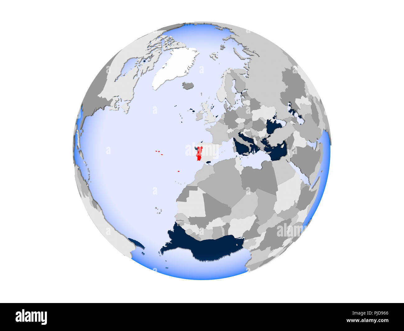 Portugal highlighted in red on political globe with transparent oceans ...