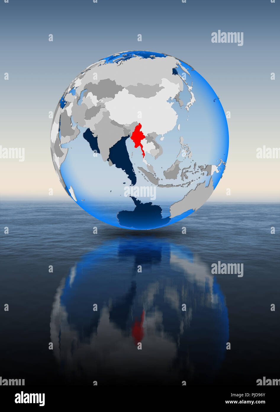 Myanmar In red on globe floating in water. 3D illustration Stock Photo ...