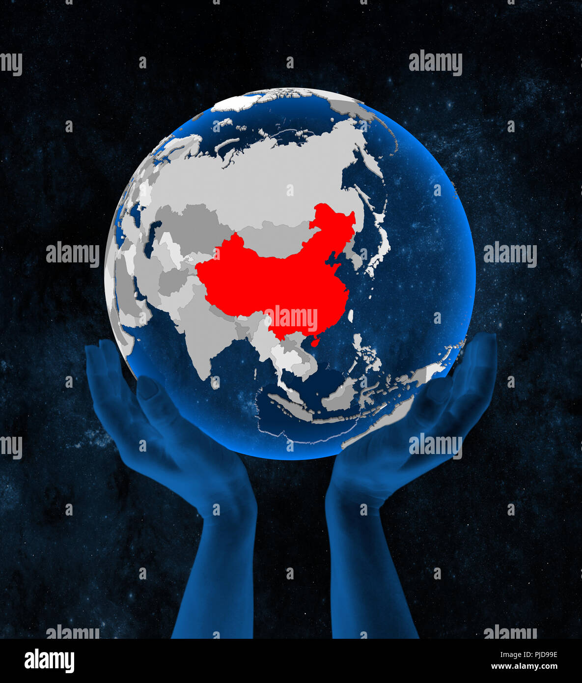 China on translucent blue globe held in hands in space. 3D illustration ...