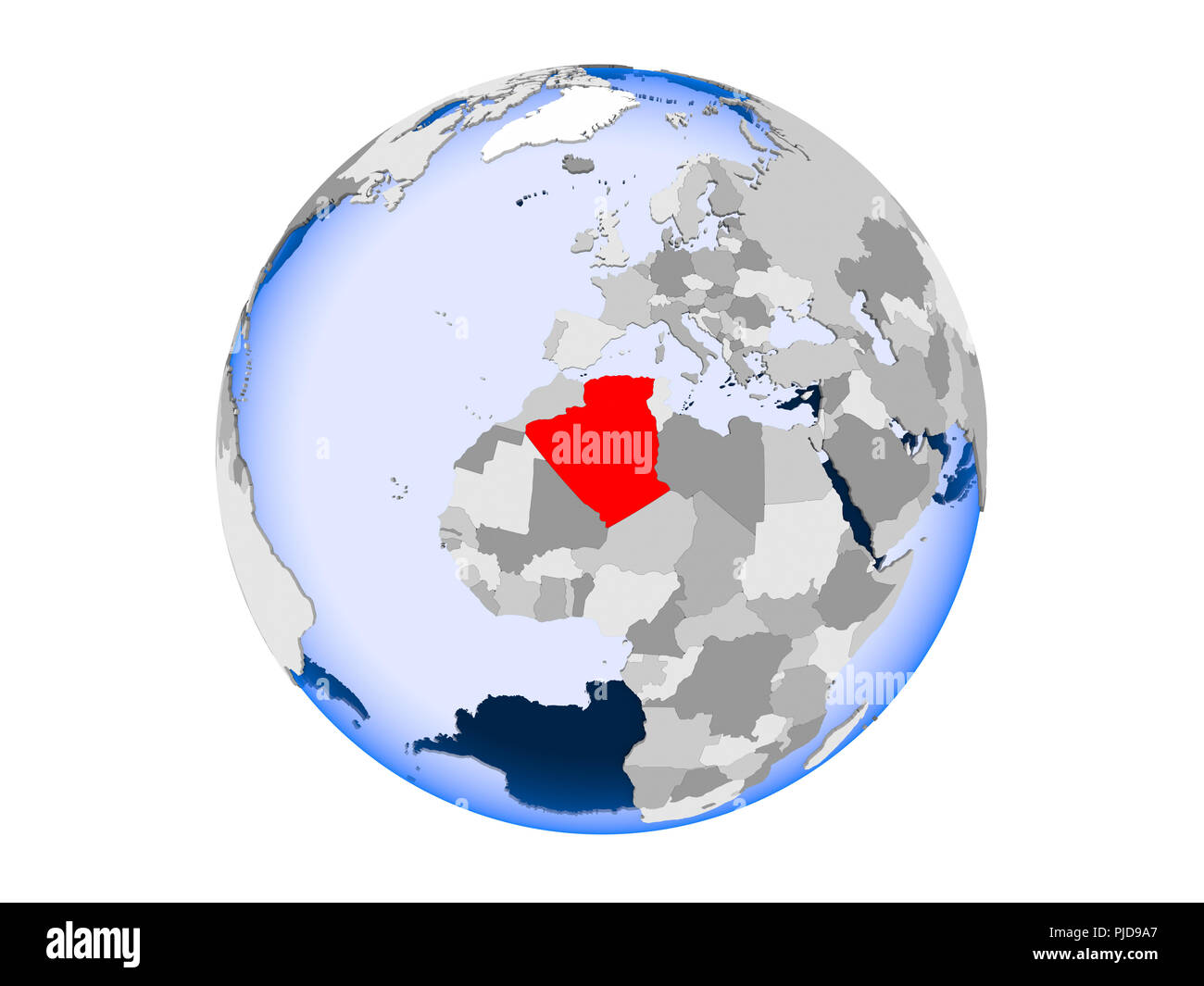 Algeria highlighted in red on political globe with transparent oceans ...