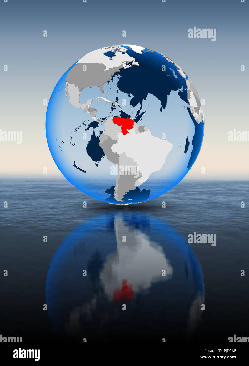 Venezuela In red on globe floating in water. 3D illustration Stock ...