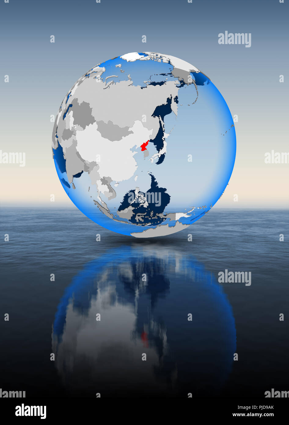 North Korea In red on globe floating in water. 3D illustration Stock ...