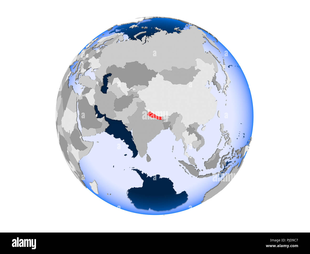 Nepal highlighted in red on political globe with transparent oceans. 3D ...