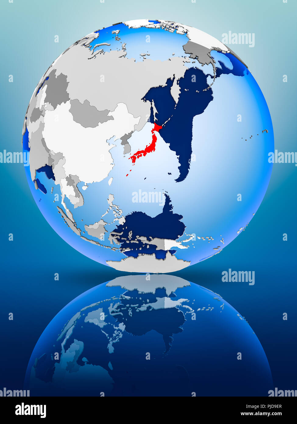 Japan on political globe standing on reflective surface. 3D ...