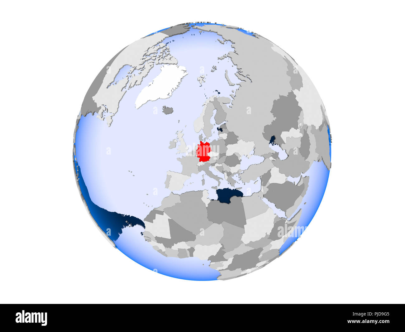 Germany highlighted in red on political globe with transparent oceans ...
