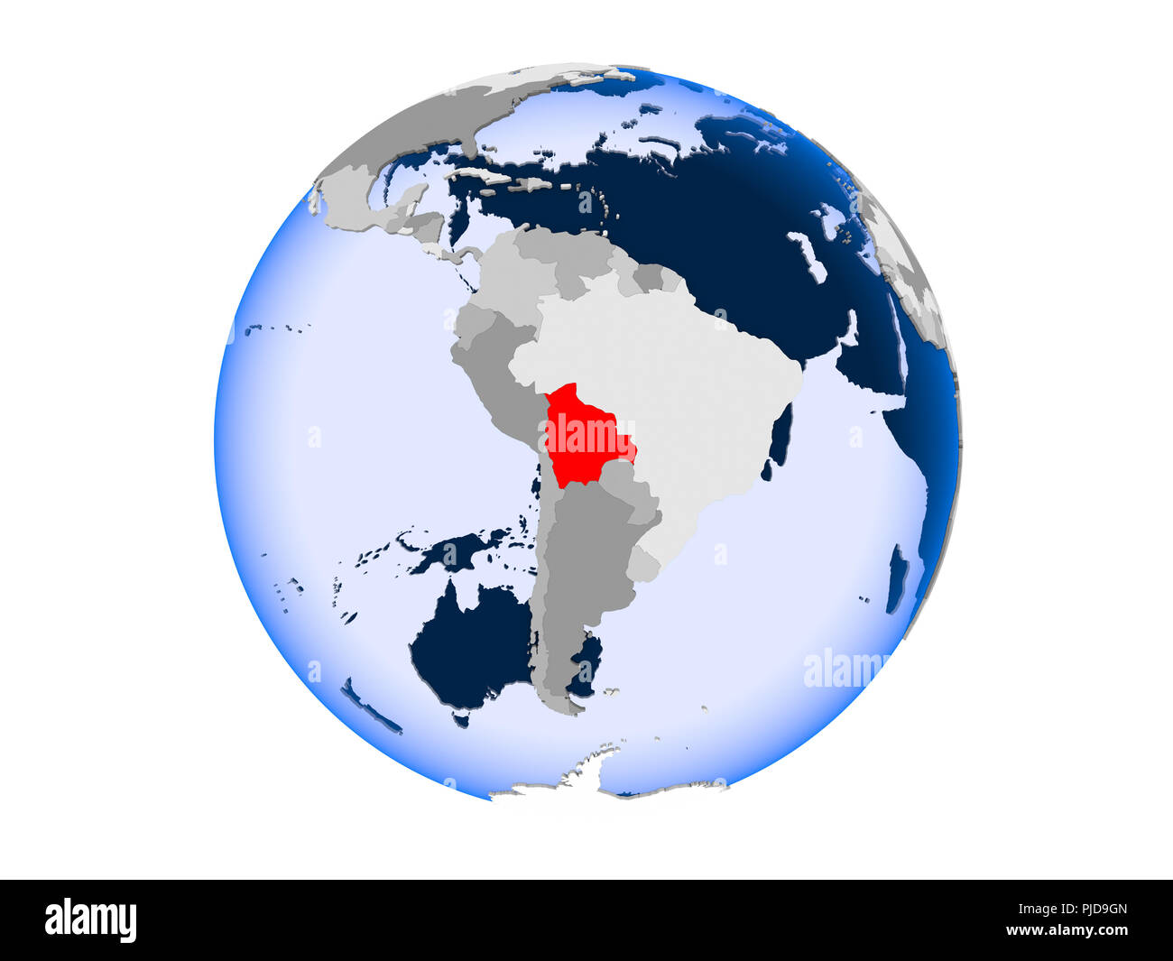Bolivia highlighted in red on political globe with transparent oceans ...