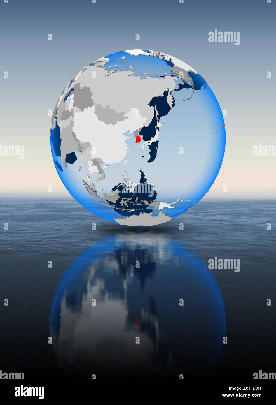 South Korea In red on globe floating in water. 3D illustration Stock ...