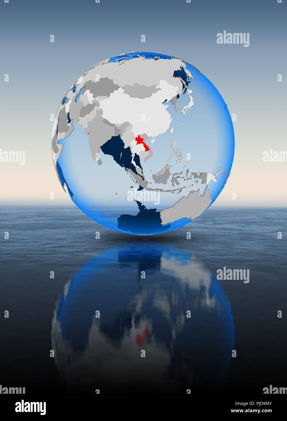 Laos In red on globe floating in water. 3D illustration Stock Photo - Alamy