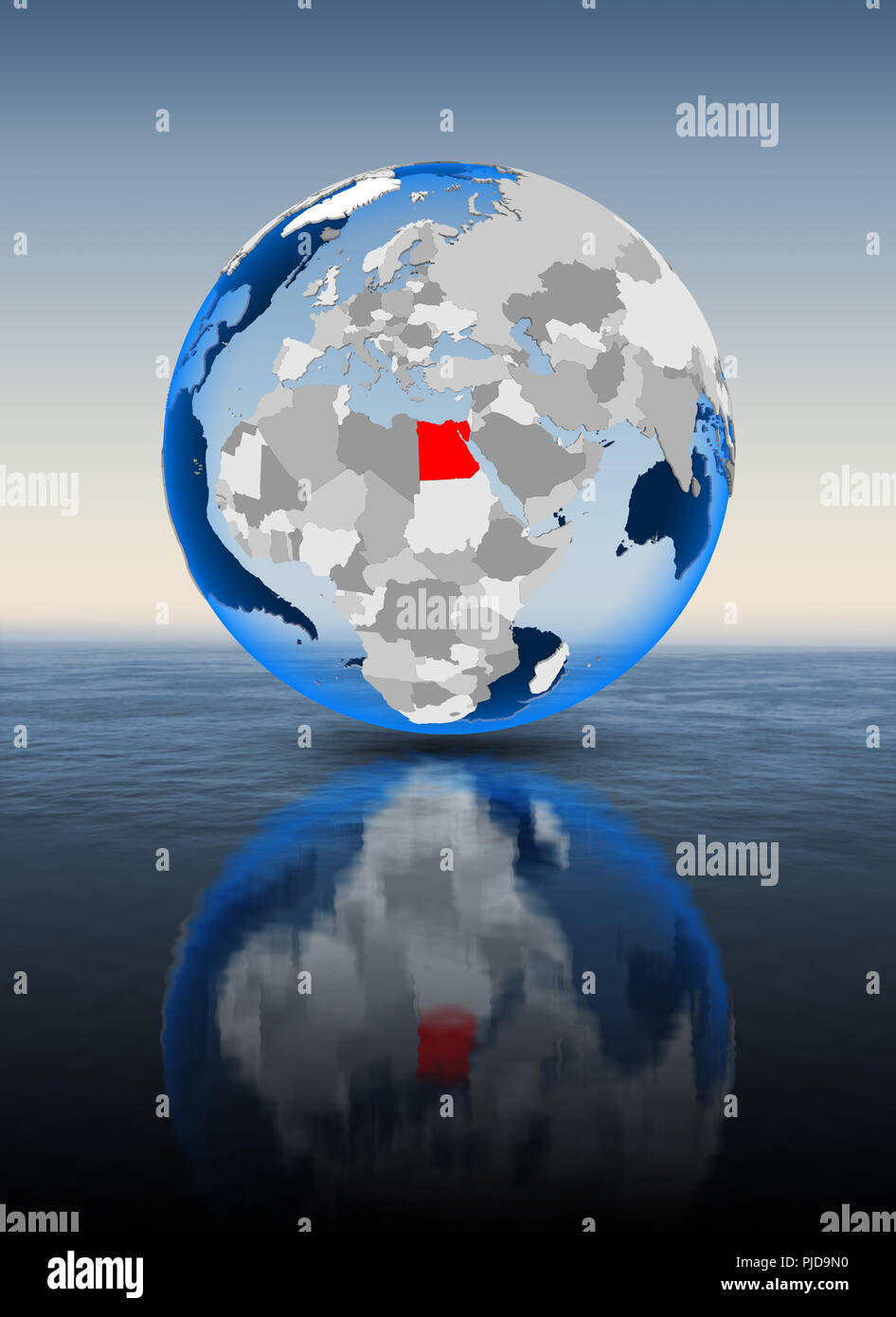 Egypt In red on globe floating in water. 3D illustration Stock Photo ...