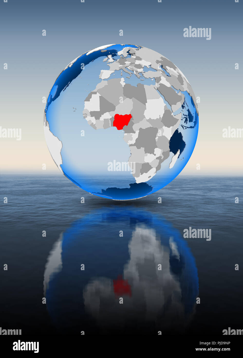 Nigeria In red on globe floating in water. 3D illustration Stock Photo ...