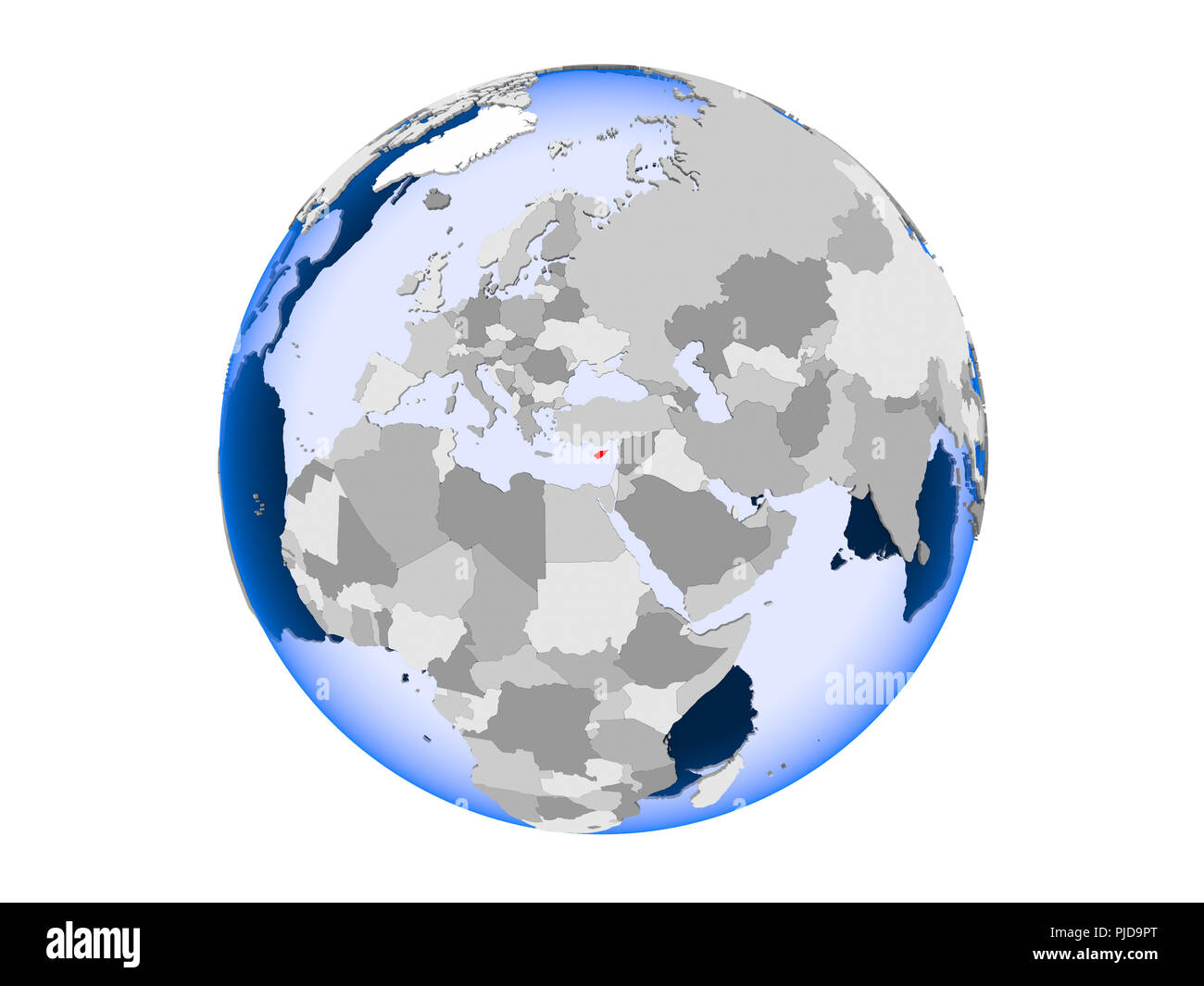 Cyprus highlighted in red on political globe with transparent oceans ...