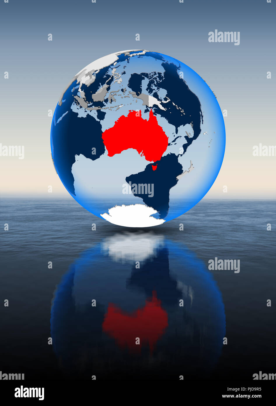 Australia In red on globe floating in water. 3D illustration Stock ...