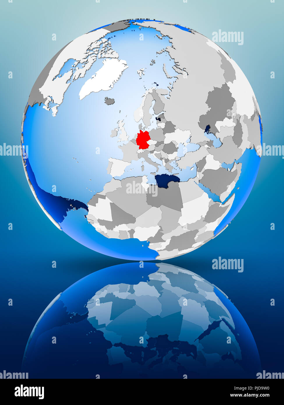 Germany on political globe standing on reflective surface. 3D ...