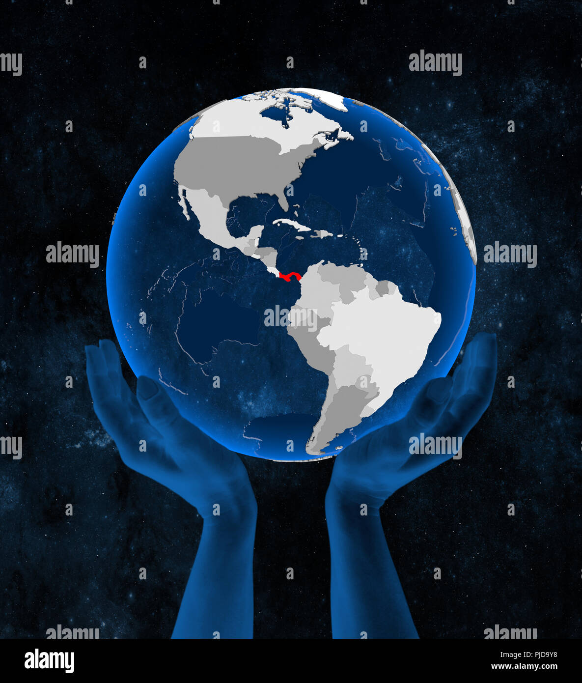 Panama on translucent blue globe held in hands in space. 3D ...