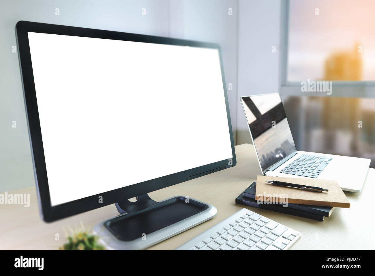 mock up Using laptop with blank screen computer modern Stock Photo - Alamy