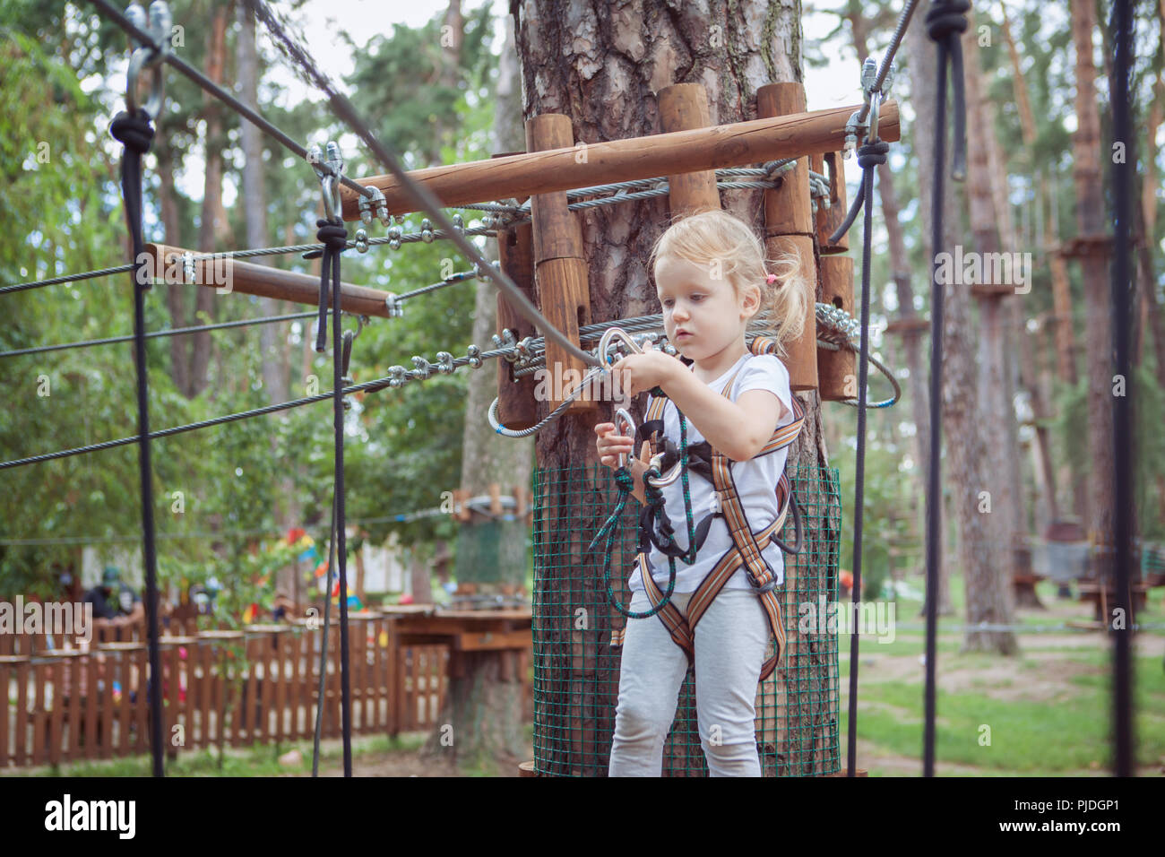 Little brave girl unfastens carabiner on the obstacle in the rope park ...